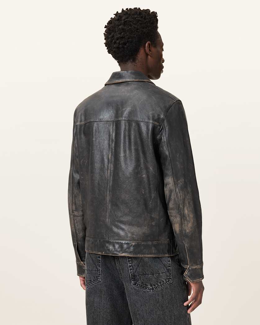 Alkan Zip Up Two Tone Leather Jacket Vintage Black | ALLSAINTS US
